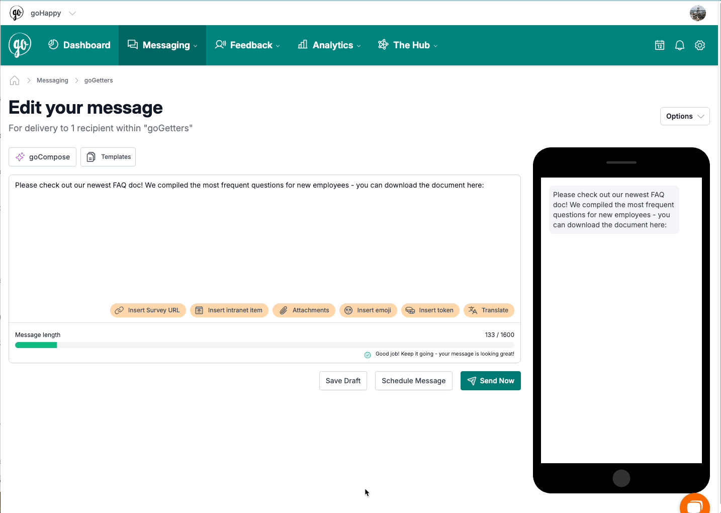 How do I attach a file with a trackable short URL to an outgoing message?