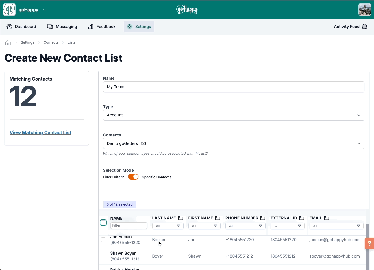 How do I create a list based on specific contacts?