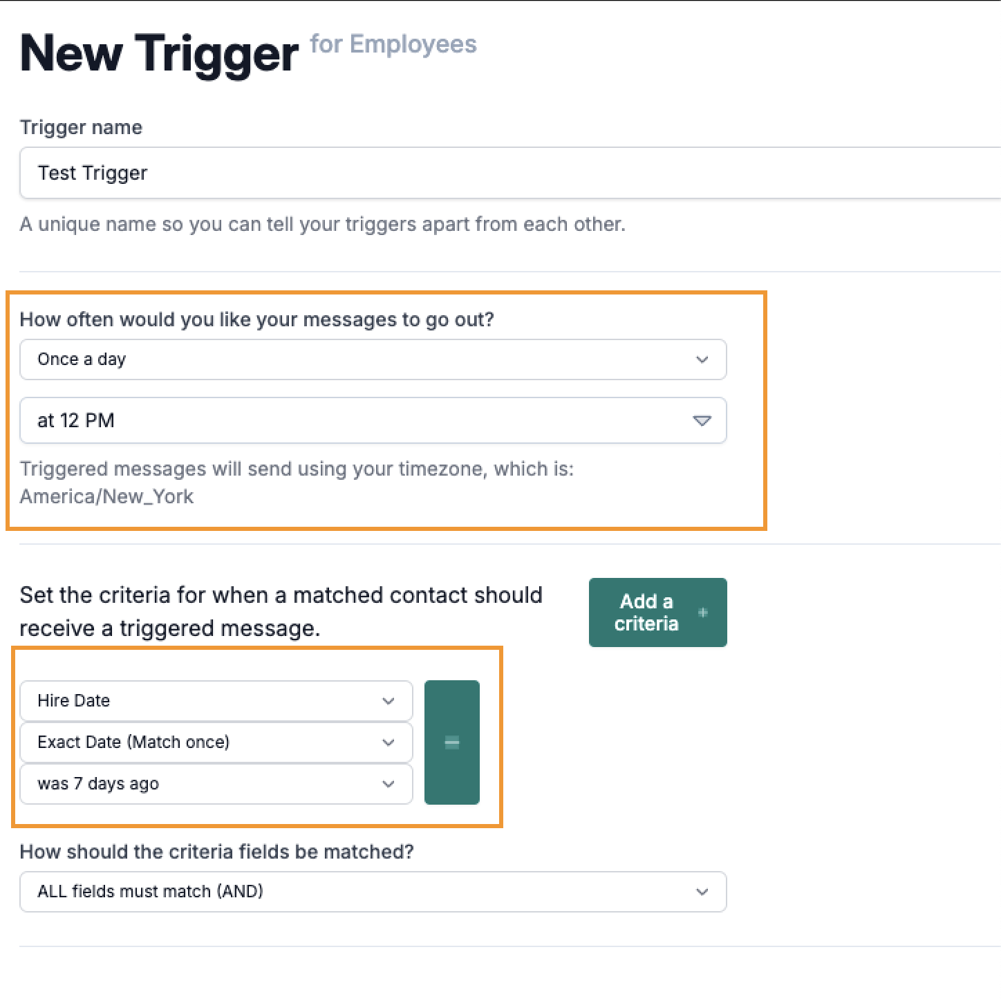 How to set up a trigger message based on hire date?